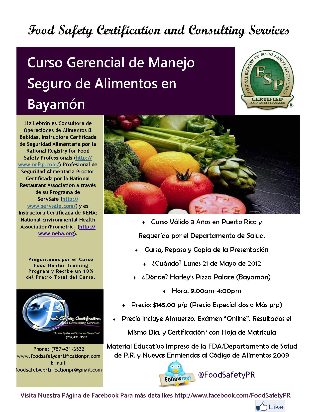 Food Safety Manager Certification Group Class @ Bayamon! | Food Safety ...